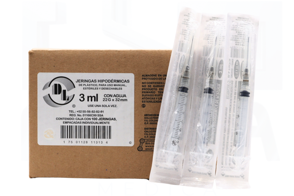 DL Jeringas 3 ml con Aguja 22G x 32mm – 100 Piezas – MSA MÉDICA